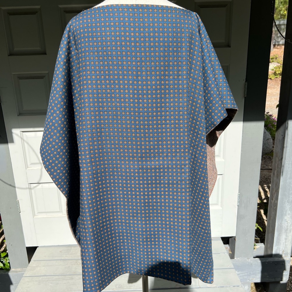 Chic Wool Poncho Cape Reversible Blue Patterned Brown… - Gem